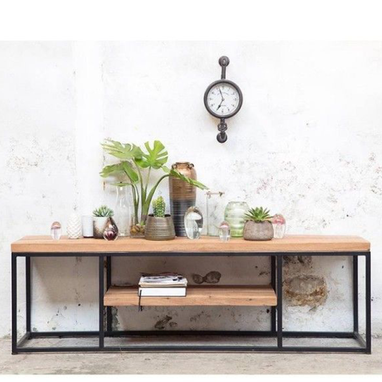 Industrial TV Unit with steel frame and solid wooden top and shelf ...